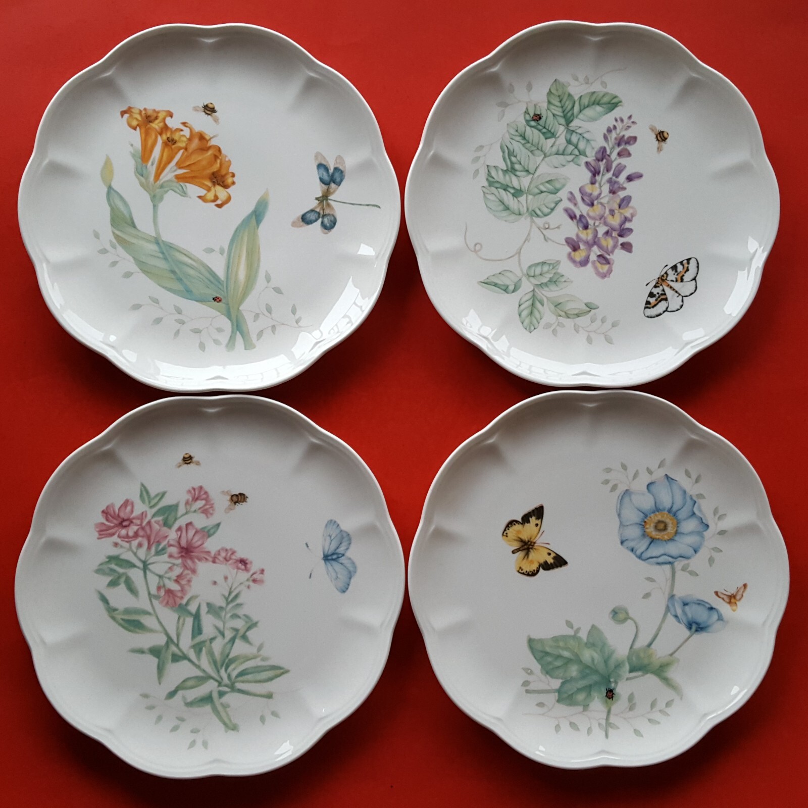 4 Lenox BUTTERFLY MEADOW 9" Lunch Plates:Dragon+Eastern Blue+Monarch ...