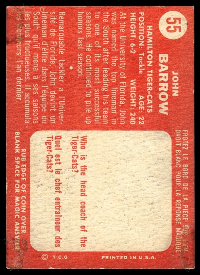 1958 Topps CFL John Barrow Rookie Hamilton Tiger-Cats #55 | eBay