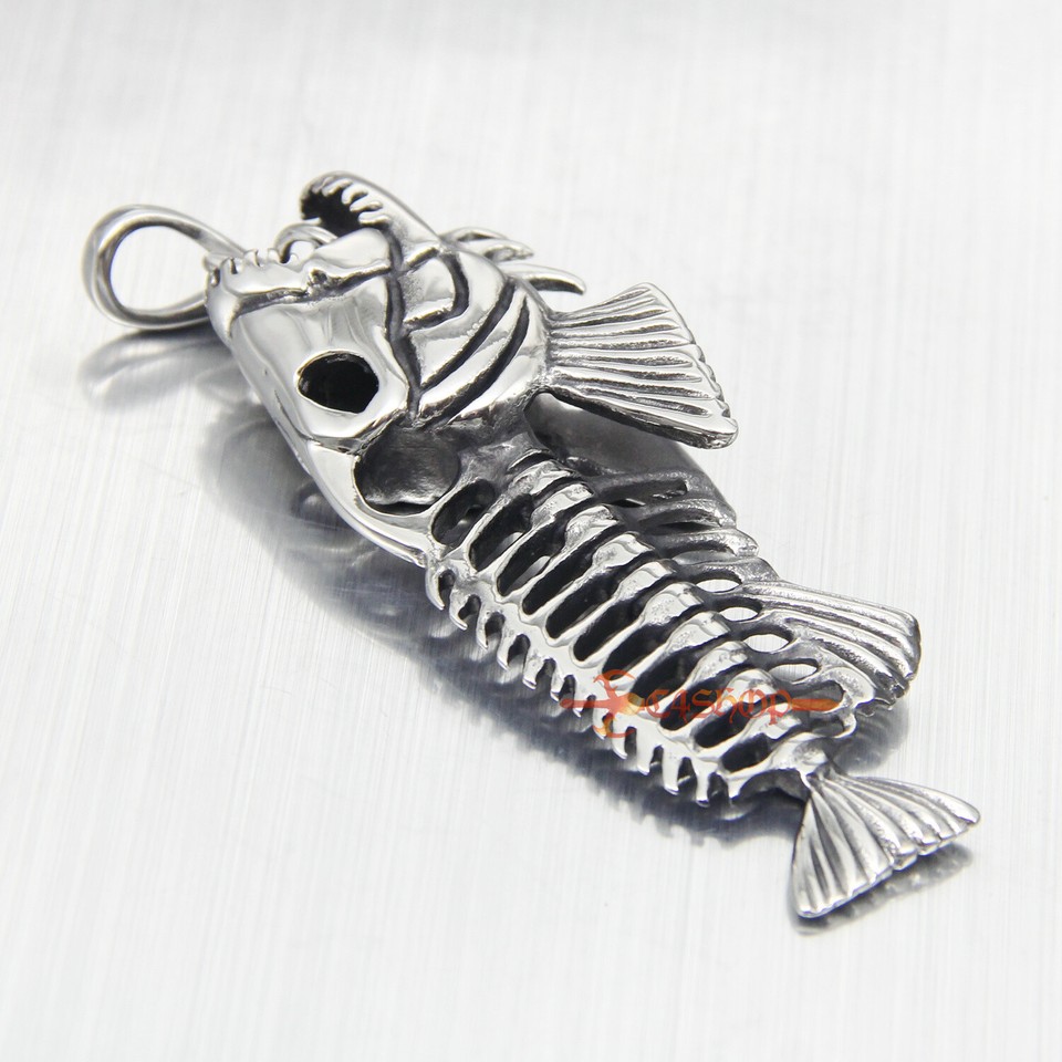 Men's Large Stainless Steel Fish Bone Skeleton Biker Punk Skull Pendant ...