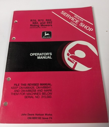 John Deere R70 R72 R92 S82 S92 Riding Mowers Operator's Manual OM ...