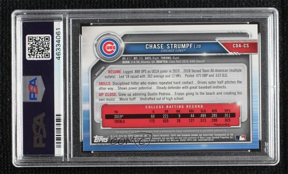 2019 Bowman Draft Chrome Pick Chase Strumpf #CDA-CS PSA 10 GEM MT Auto ...