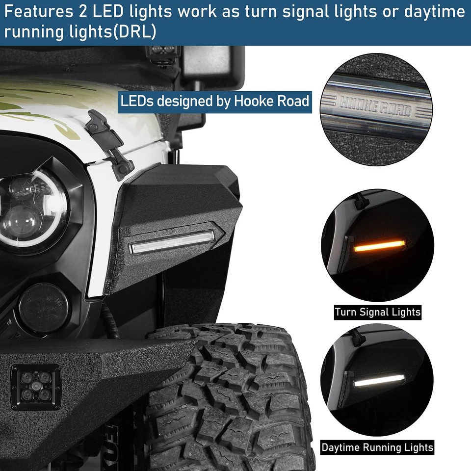 8.7" Wide Front Fender Flares w/DRL 2PCS 2007-2018 Jeep Wrangler JK/JKU ...