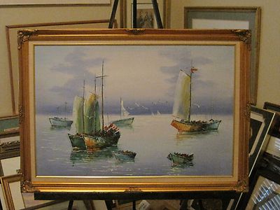 Oil Painted Junket Boat Scene 42x30" | eBay