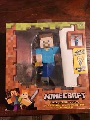 2019 Minecraft Torch Sparking Steve 4.5" Action Figure *Torch Lights-up ...