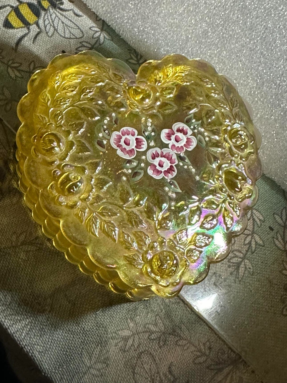 Fenton Heart Shaped trinket box Autumn Gold Iridescent Hand Paint ...