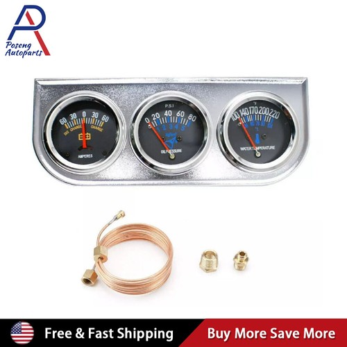 2'' 52mm Chrome Car Triple Gauge Set Kit Amp Meter Water Temp Oil ...