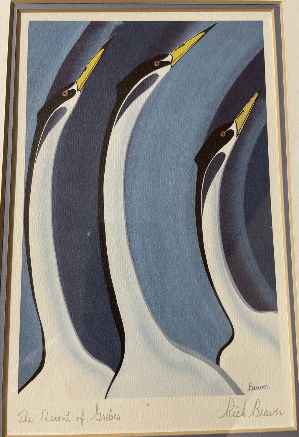 The Ascent of Grebes Waterbird Signed Rick Beaver Metal Framed 13" X 11 ...