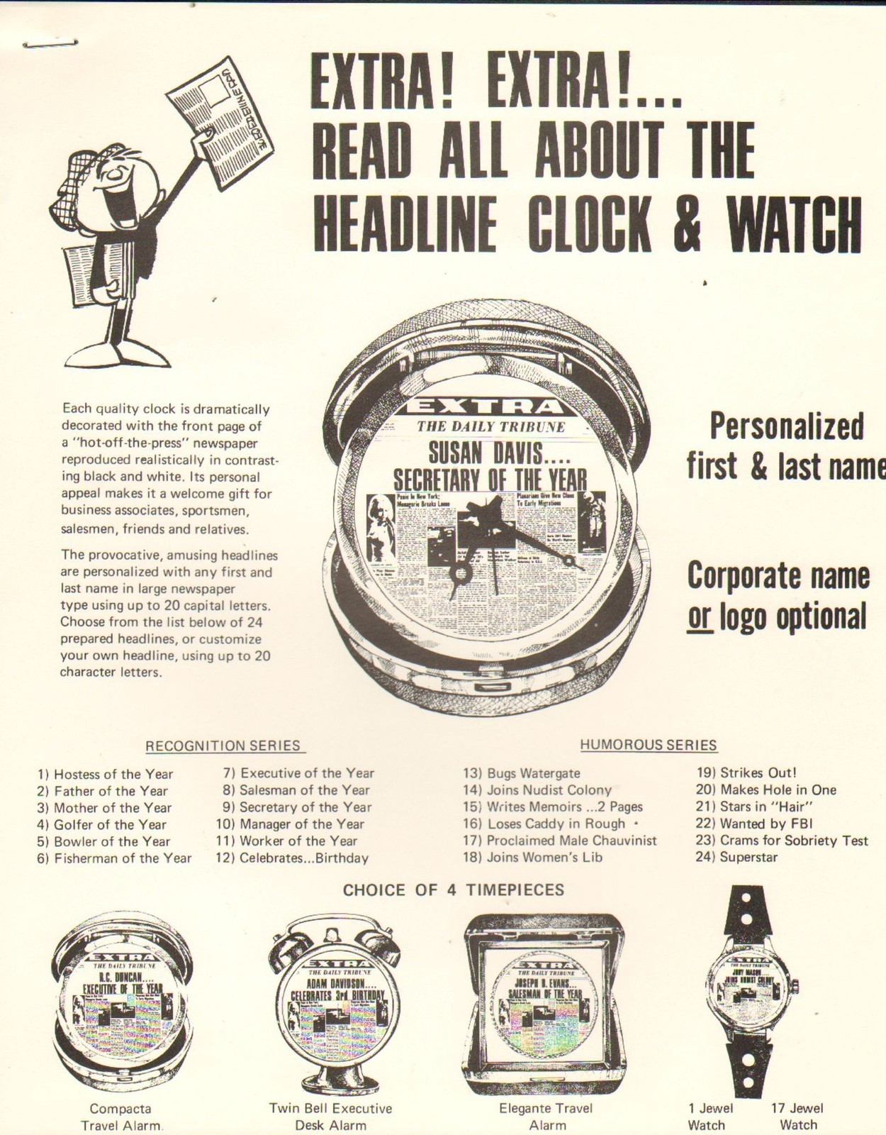 VINTAGE AD SHEET #2016 - HEADLINE CLOCK & WATCH - RECOGNITION ...