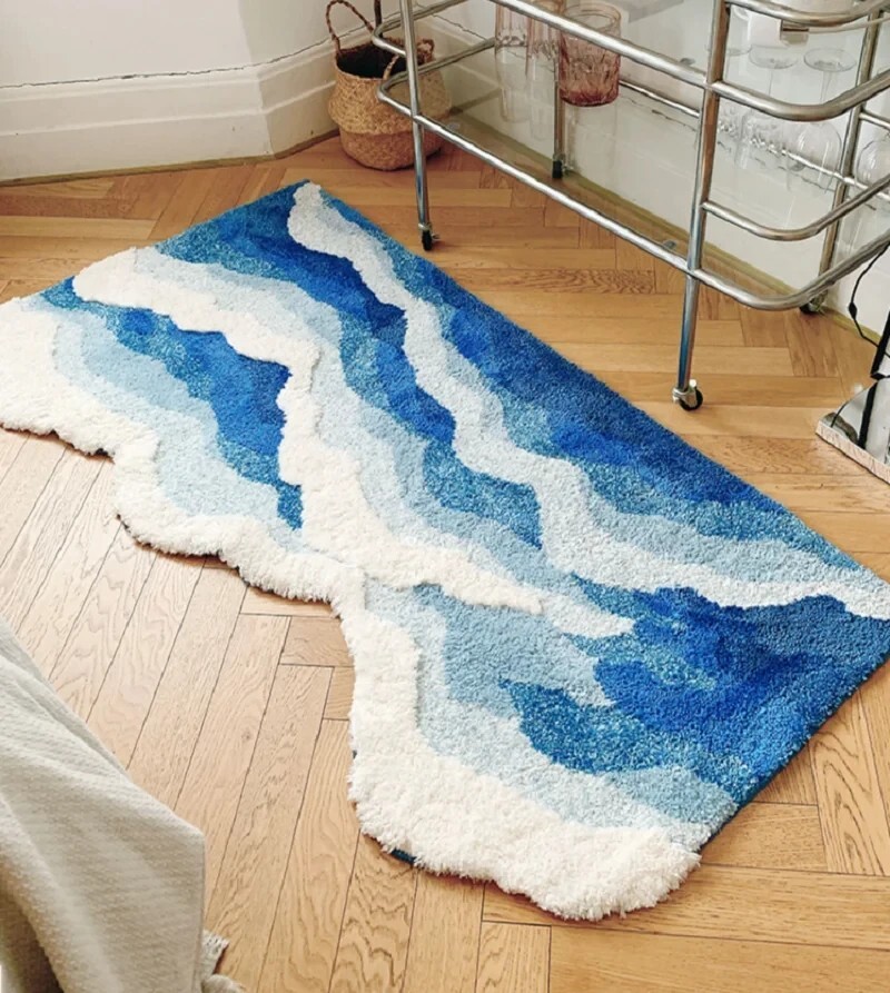 50x80 cm Blue Sea Pattern Plush Rug Japanese Style, Non-Slip, Home ...
