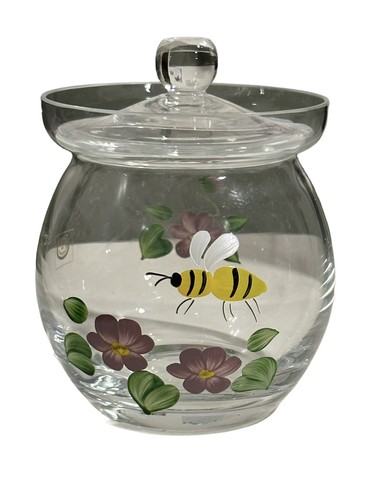 Vtg Glass Jam Jar Painted Honey Bees Flowers Clear Glass W Lid Made In ...