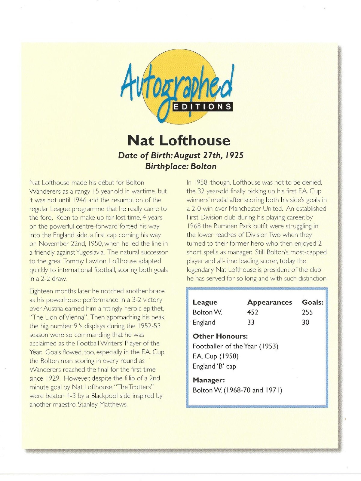 NAT LOFTHOUSE ENGLAND 1950-1958 EX BOLTON AUTOGRAPHED EDITIONS ...