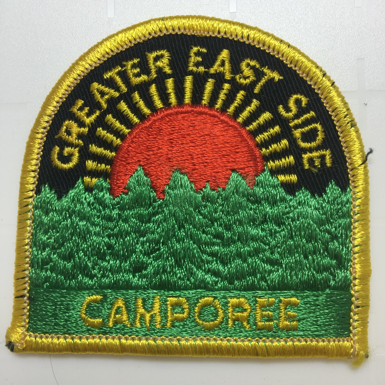 BSA Boy Scouts Patch Greater East Side Camporee Rising Sun Pine Trees ...