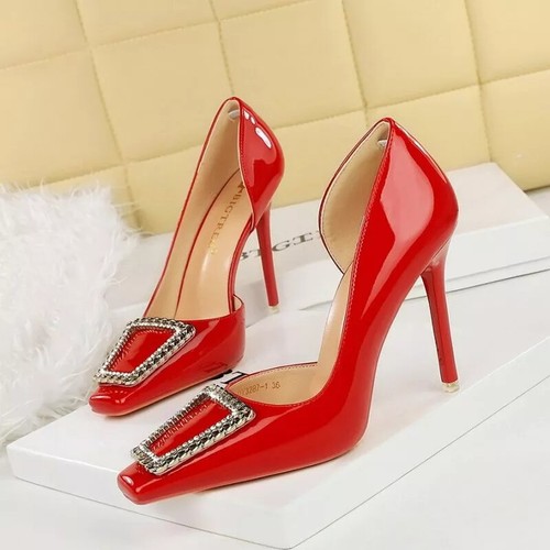 Éscarpins Chaussures 11 CM Rouge Strass Talon Stiletto Élégant Cuir ...