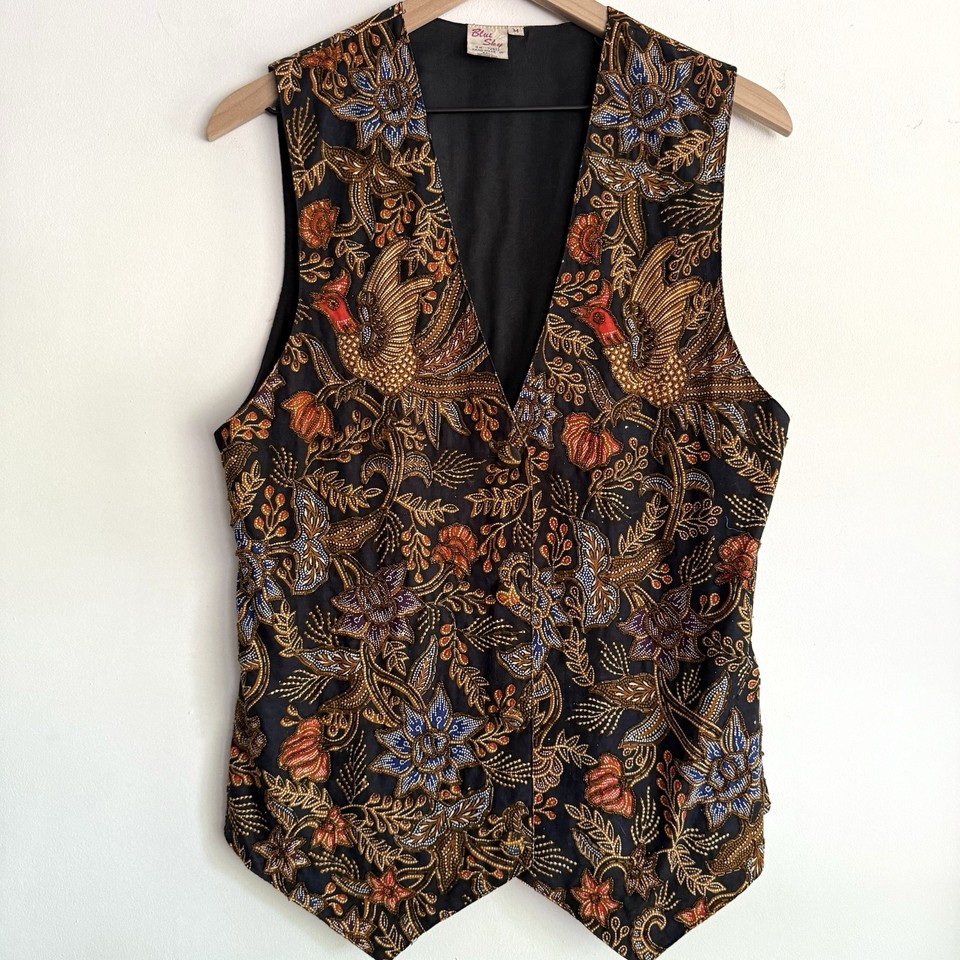 Vintage Blue Sky Bali Batik Beaded Vest Rooster Bird Boho Fall Festival ...