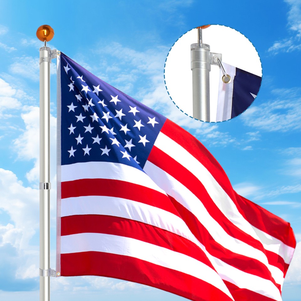 20ft Telescopic Flag Pole Ball Top Kit 16 Gauge 3'x5' Free US American ...