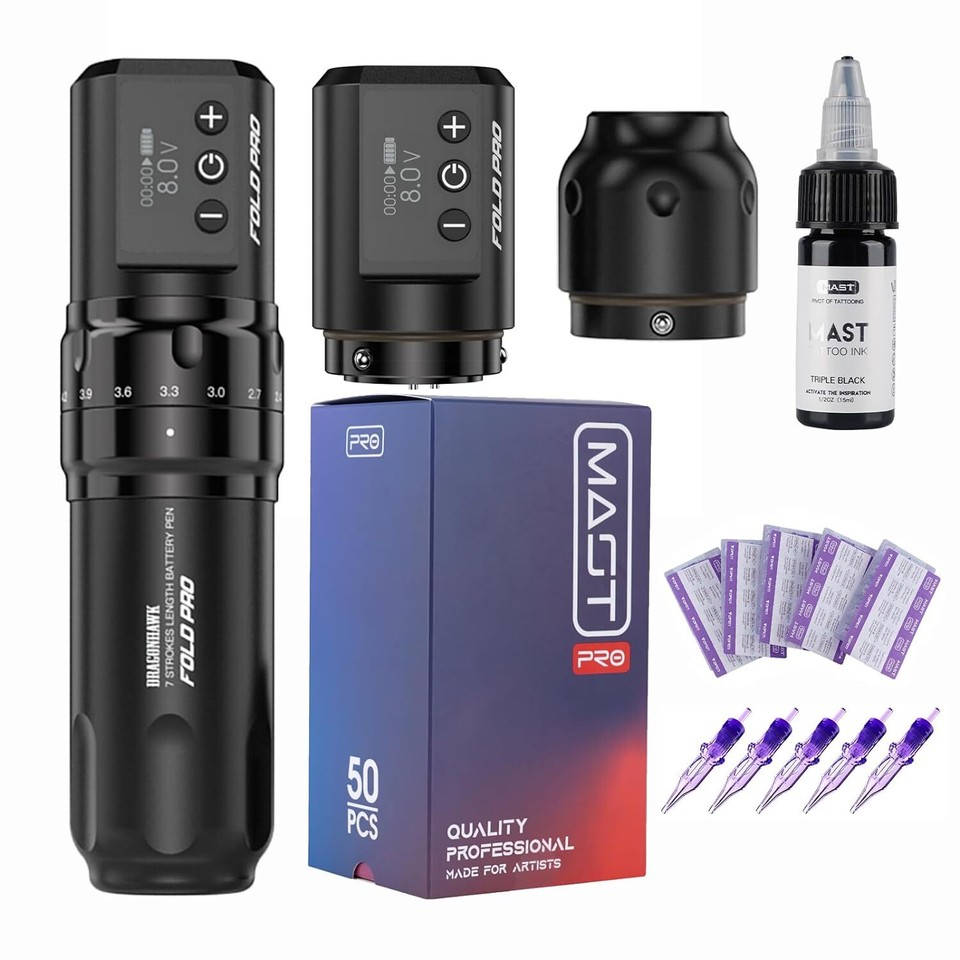 Mast Fold Pro Tattoo Rotary Pen Machine Wireless Gun Battery Ink 50 ...