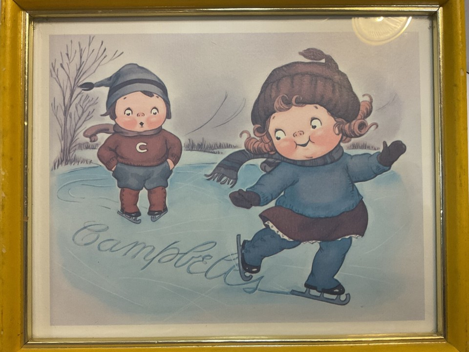 Vintage Campbells Kids Ice Skating Print In Yellow Picture Frame | eBay