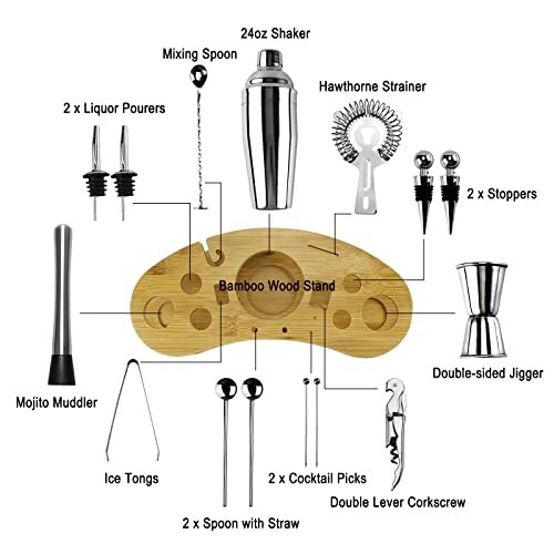 Cocktail Shaker Bartender Kit With Bamboo Stand Muddler For Cocktails ...