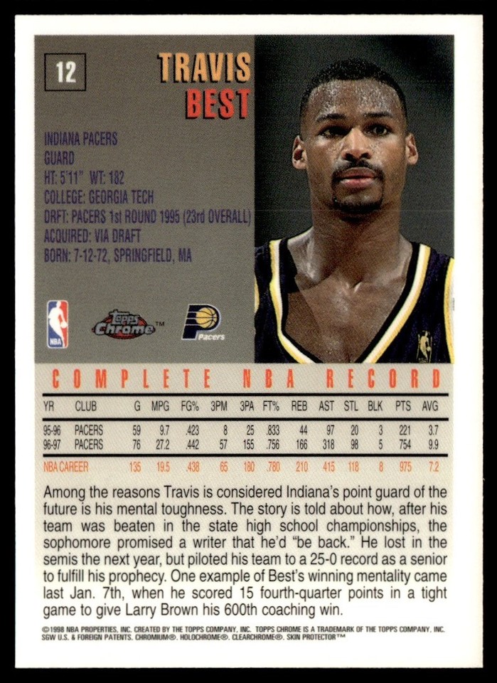1997-98 Topps Chrome Travis Best Indiana Pacers #12 | eBay