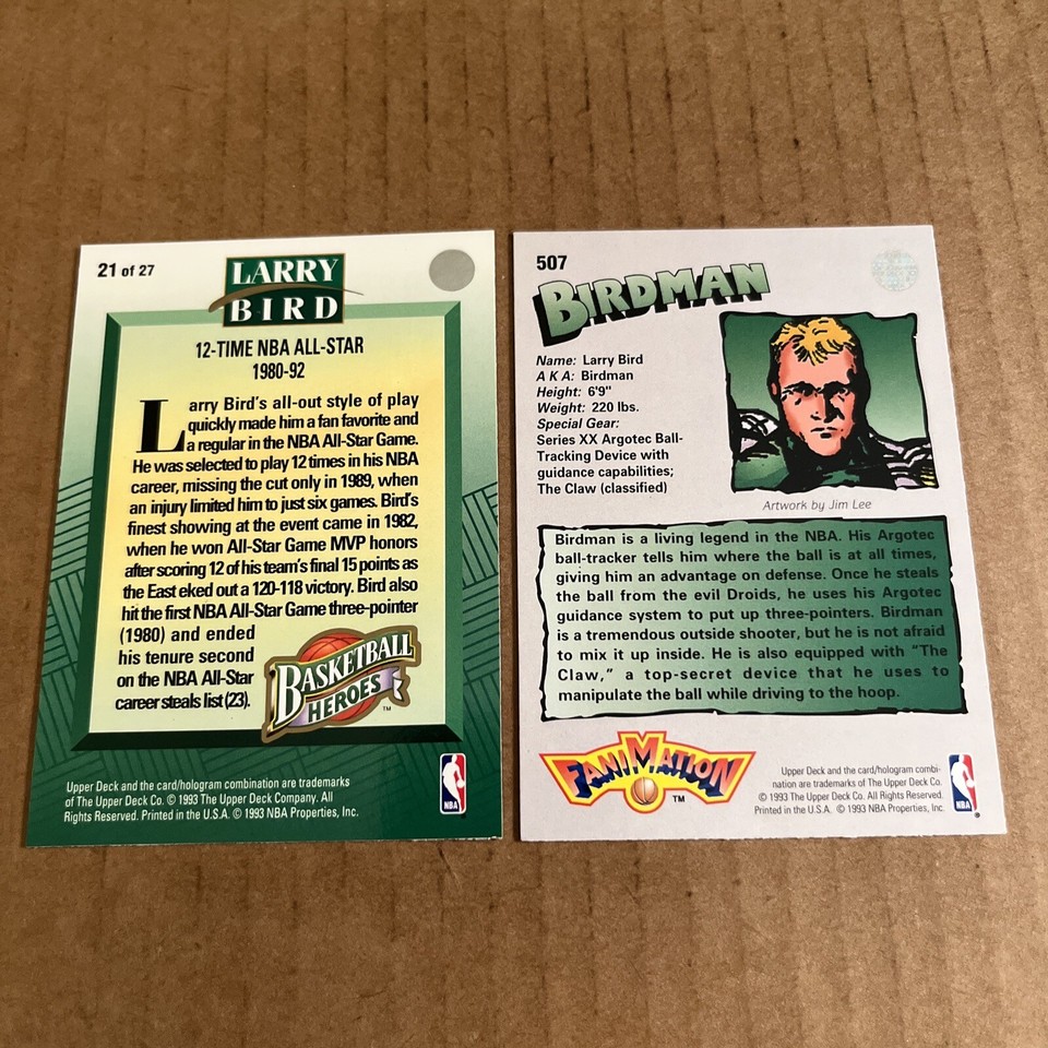 LARRY BIRD 1993 UD Fanimation Birdman #507 & Basketball Heroes #21 ...