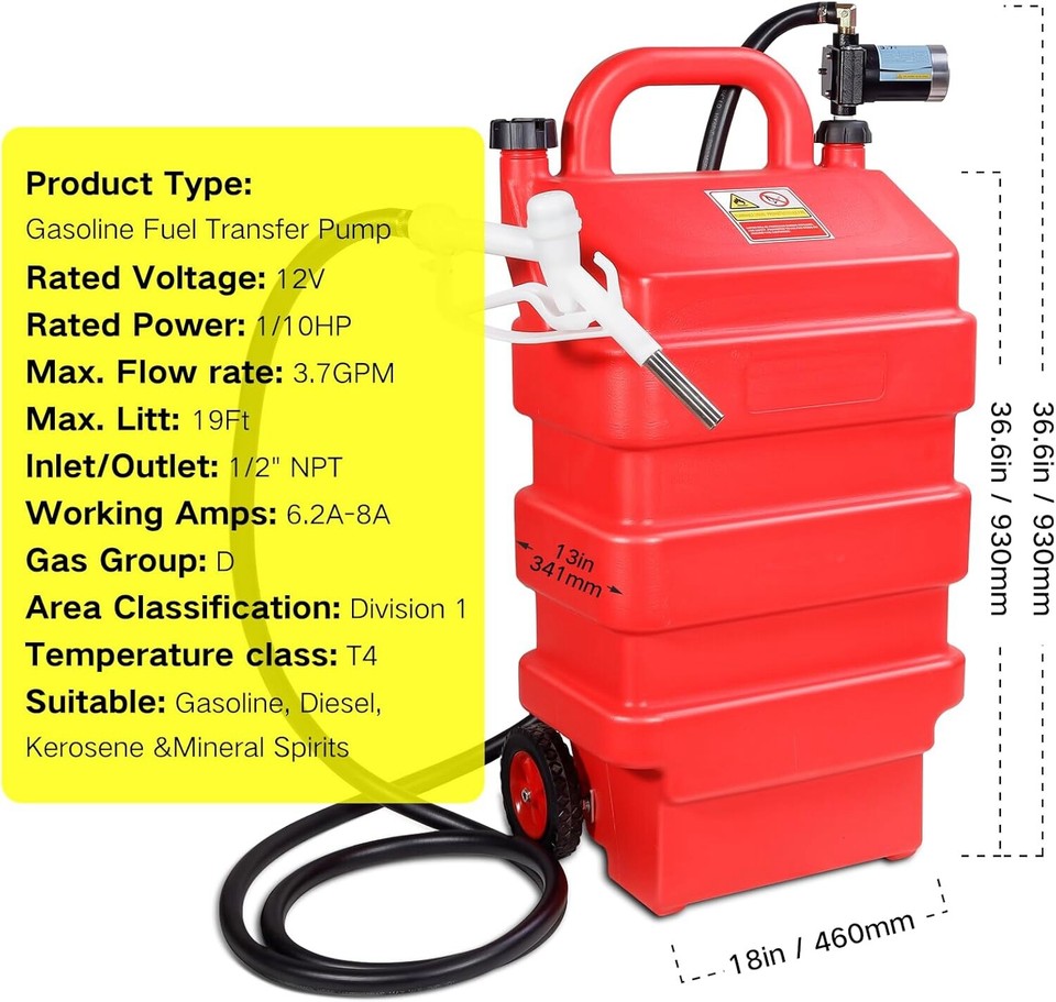 16 Gallon 60L Portable Fuel Caddy Tank with 12V DC Electric Transfer ...