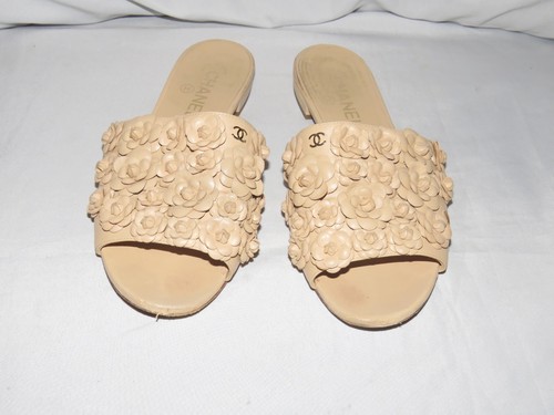 Chanel Tan Leather Rose Slide Sandals Size 38C | eBay