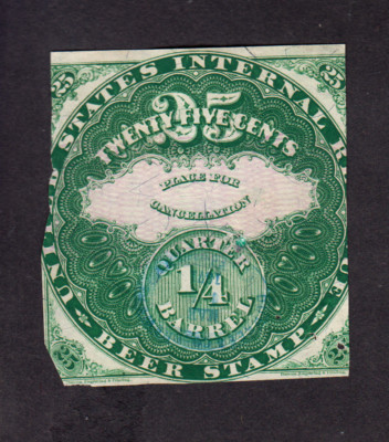 US REA16 BEER STAMP 1/4 BARREL 25c STATE REVENUE TAX 1870 svc $125 ...