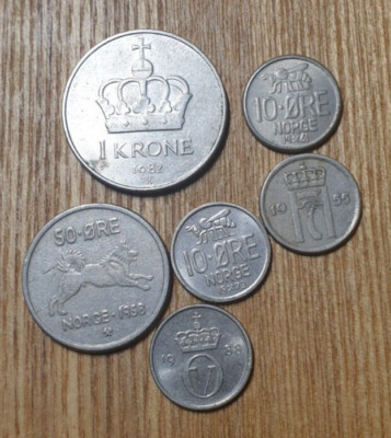 Norway Norge 6 pcs Olav V coin 10 50 ore 1 krone 1982 1958 1955 1988 ...