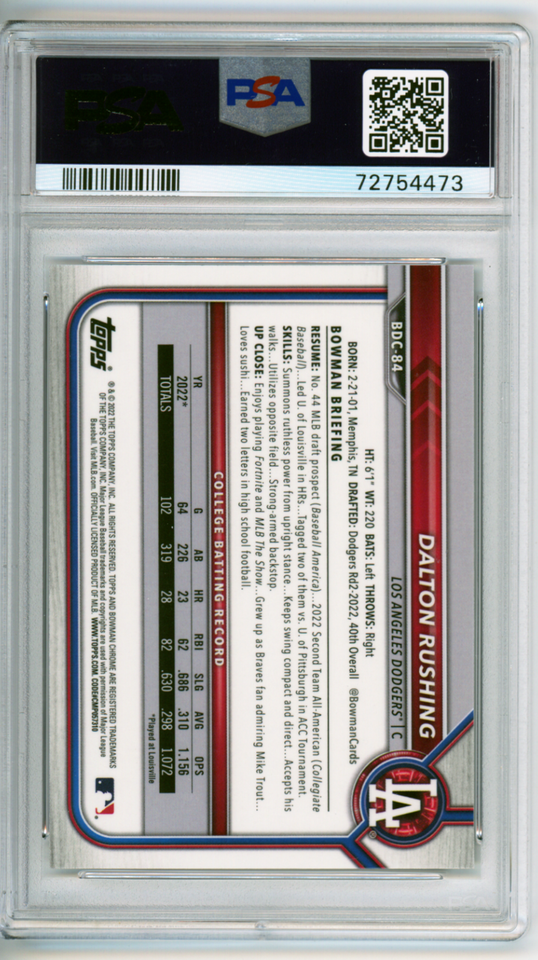 2022 1st Bowman Draft Dalton Rushing Chrome #BDC84 PSA Gem Mt 10 ...