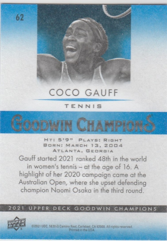 2021 Goodwin Champions COCO GAUFF #62 Royal Blue Horizontal Rookie Card ...