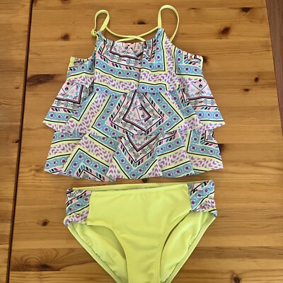 Justice Girls Neon Yellow Ruffle Tankini 2 Piece Swimsuit Size 12 ...