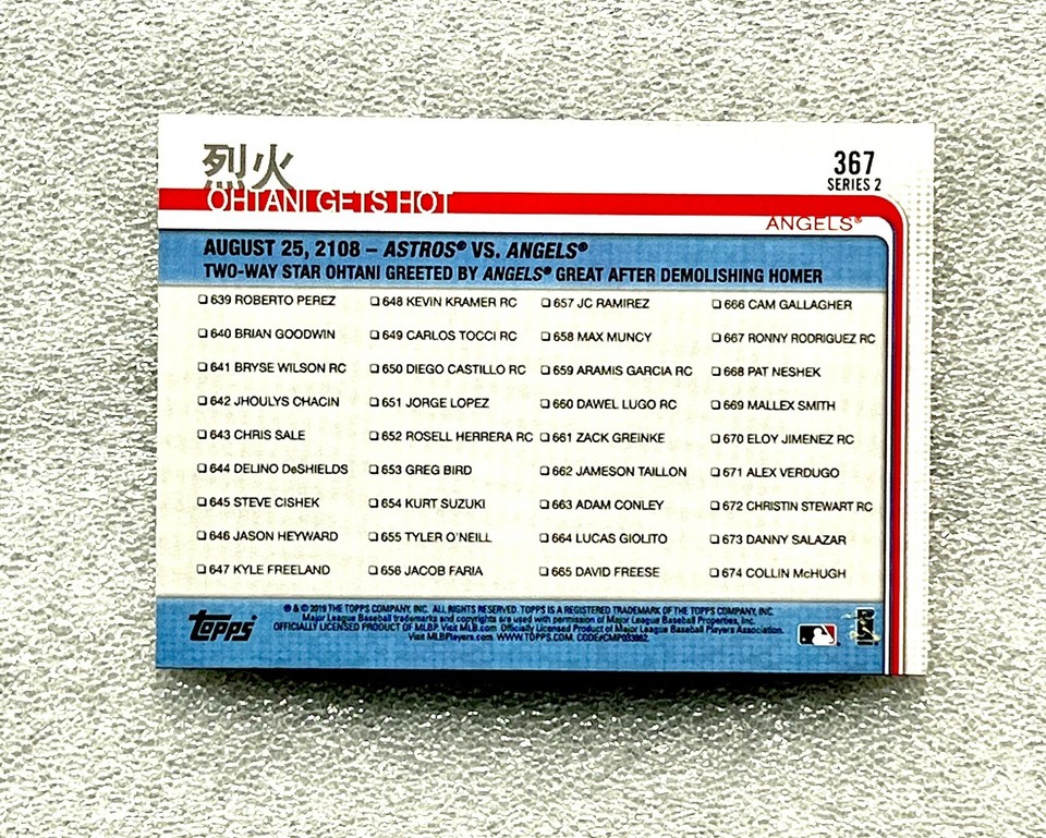Shohie Ohtani 2019 Topps Ohtani Gets Hot ERROR Card! Los Angeles Angels ...