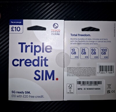 Tesco 02 Sim Card - pay as you go - Triple credit sim - 5G | eBay UK