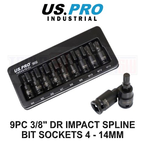 US PRO INDUSTRIAL 9PC 3/8" DR Impact Spline Bit Sockets Set 4 - 14mm ...