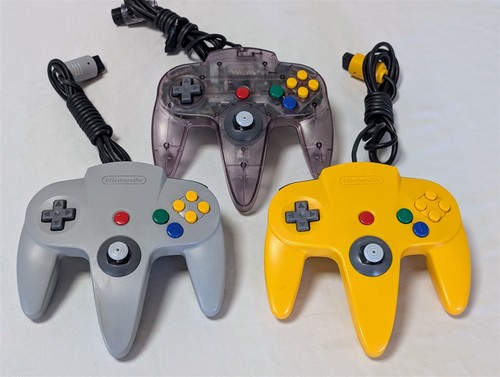 Lot of 3 OFFICIAL N64 Controllers REPAIR/PARTS ONLY Yellow Grey Purple ...
