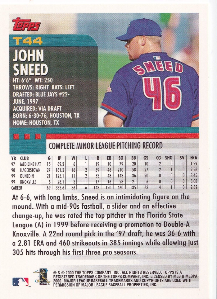 2000 Topps #T44 John Sneed Toronto Blue Jays + (Yes 3 Free Mystery ...