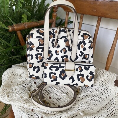 Fossil Sydney Satchel Crossbody Leopard Cream Handbag With Bryce Clutch ...
