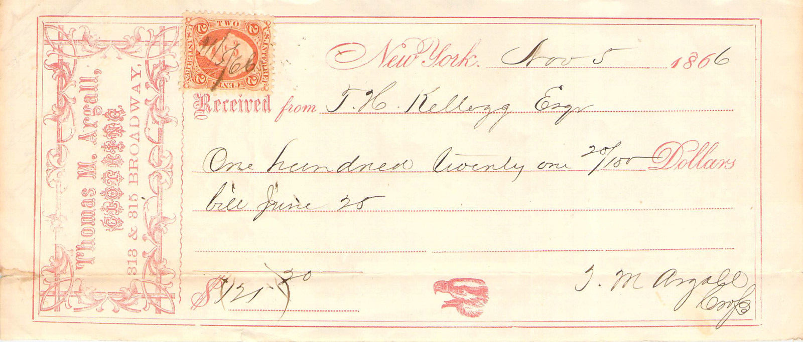 NEW YORK THOMAS M ARGALL CLOTHING BANK CHECK RECEIPT DRAFT REVENUE ...