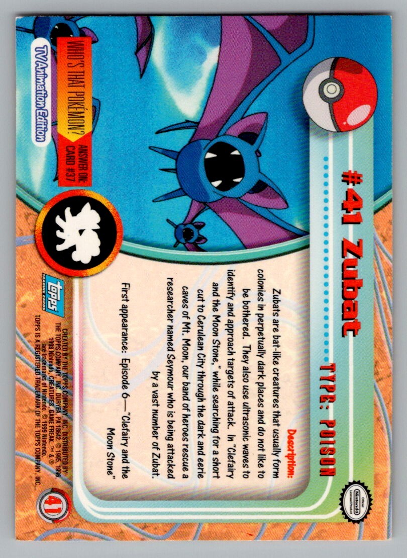 1999 TOPPS TV POKEMON CARDS 1ST PRINTING- BLUE TOPPS LOGO ZUBAT #41 | eBay