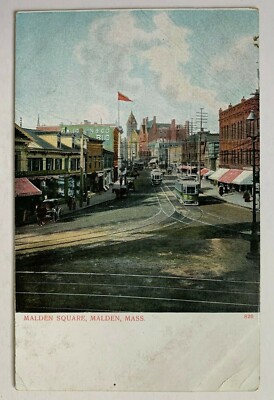 MA Postcard Malden Massachusetts Malden Square streetcars trolleys ...