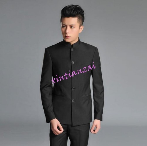 Mens Single Breasted Suit Mao Oriental Style Tunic Jacket Pants Suit ...