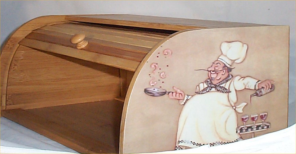Fat Chef Bread Box Bamboo Wood Country Farm Kitchen Roll Top Lodge ...