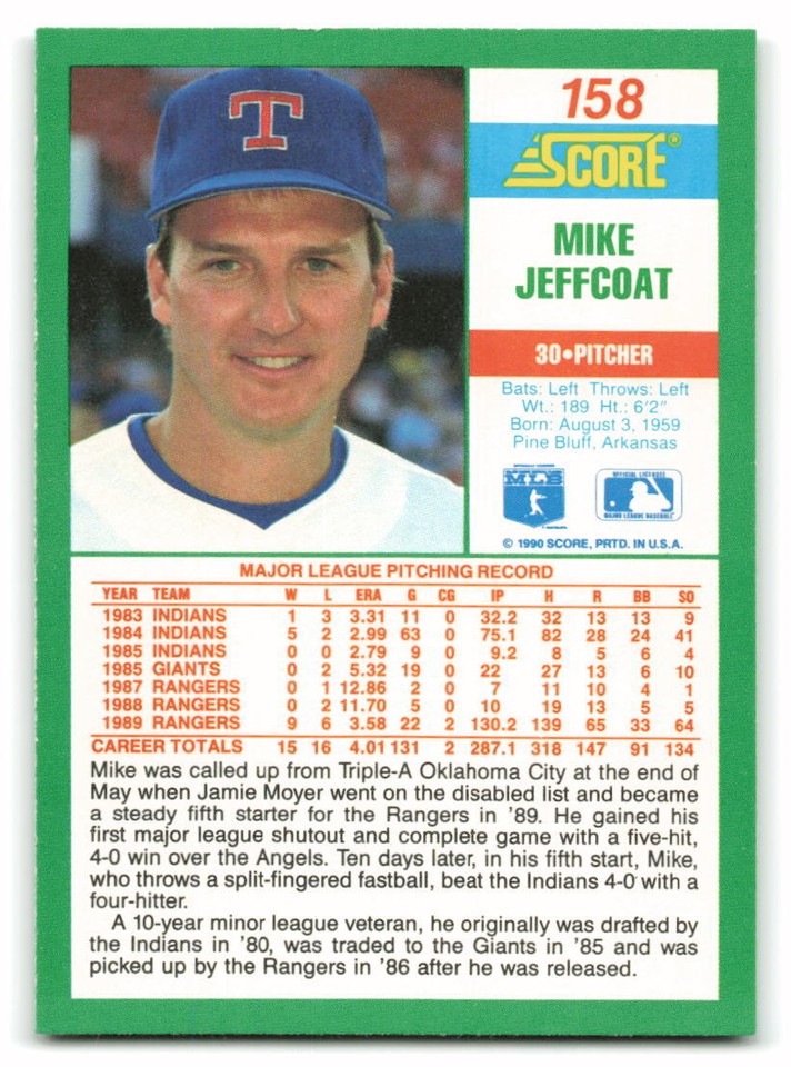 Mike Jeffcoat 1990 Score BASEBALL #158 Texas Rangers | eBay