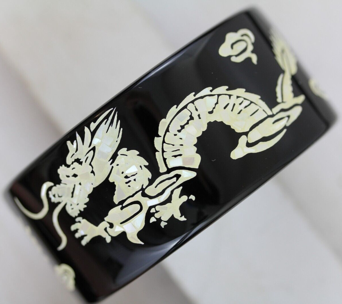 VINTAGE ASIAN DRAGON INLAY BLACK WIDE BANGLE BRACELET… - Gem