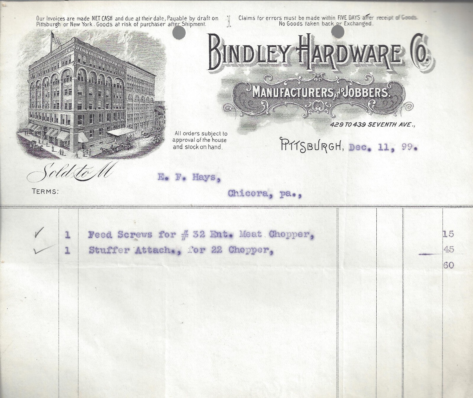 Bindley Hardware Co. Pittsburgh Receipt 1899 | eBay