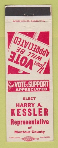 Matchbook Cover - Harry Kessler Rep Montour County Election WEAR | eBay