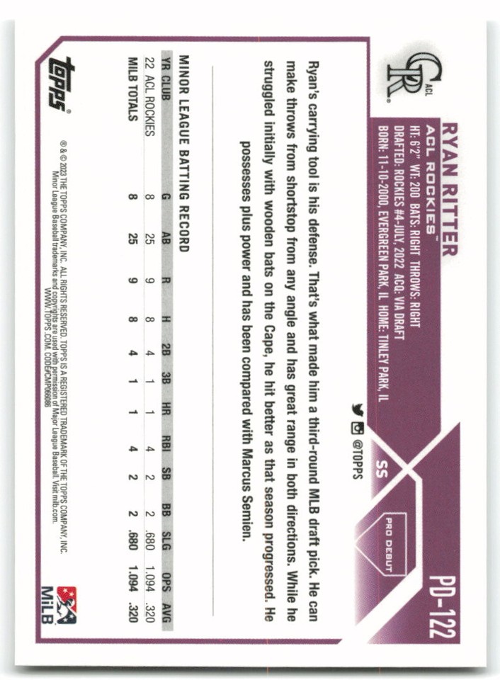 2023 Topps Pro Debut #PD-122 Ryan Ritter ACL Rockies 3AN | eBay