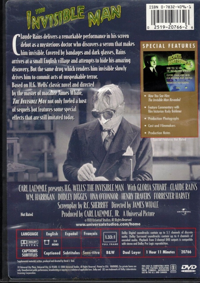 Universal dvd The Invisible Man Claude Rains like new | eBay