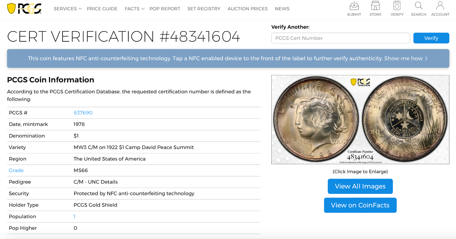 1922 Peace $1 PCGS MS66 SOLE FINEST 1978 Camp David Peace Summit MW ...