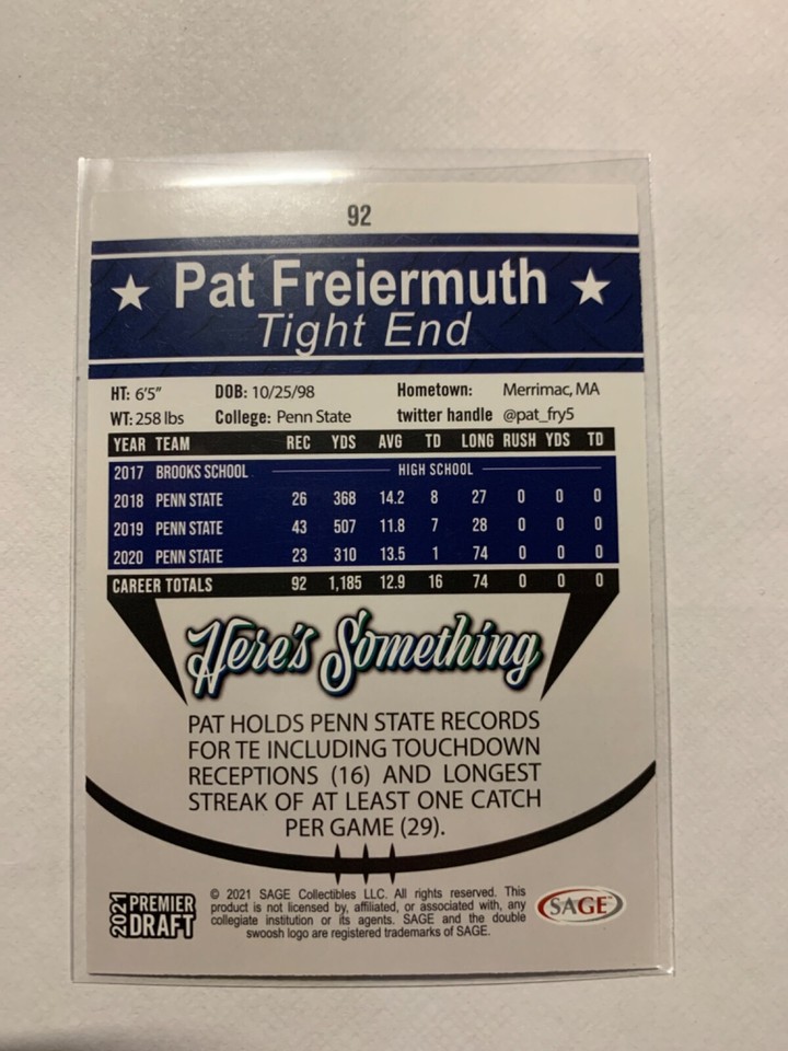 2021 SAGE PAT FREIERMUTH #92 | eBay